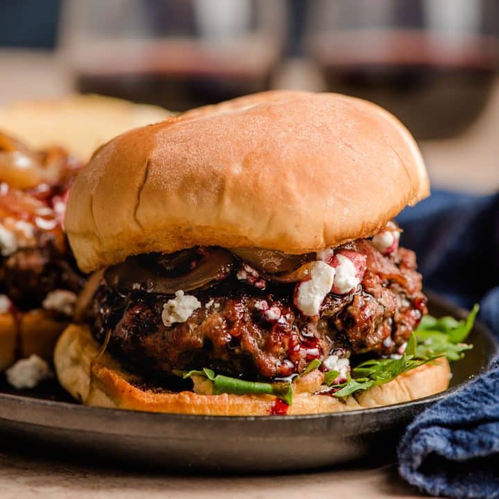 Goat Cheese Burger with Caramelized Onions and Red Wine Glaze